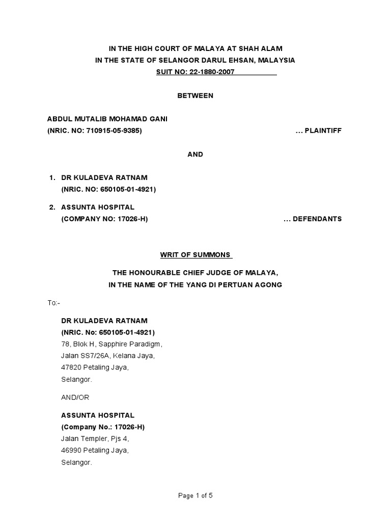Writ of Summons Practice Chart | PDF | Damages | Negligence