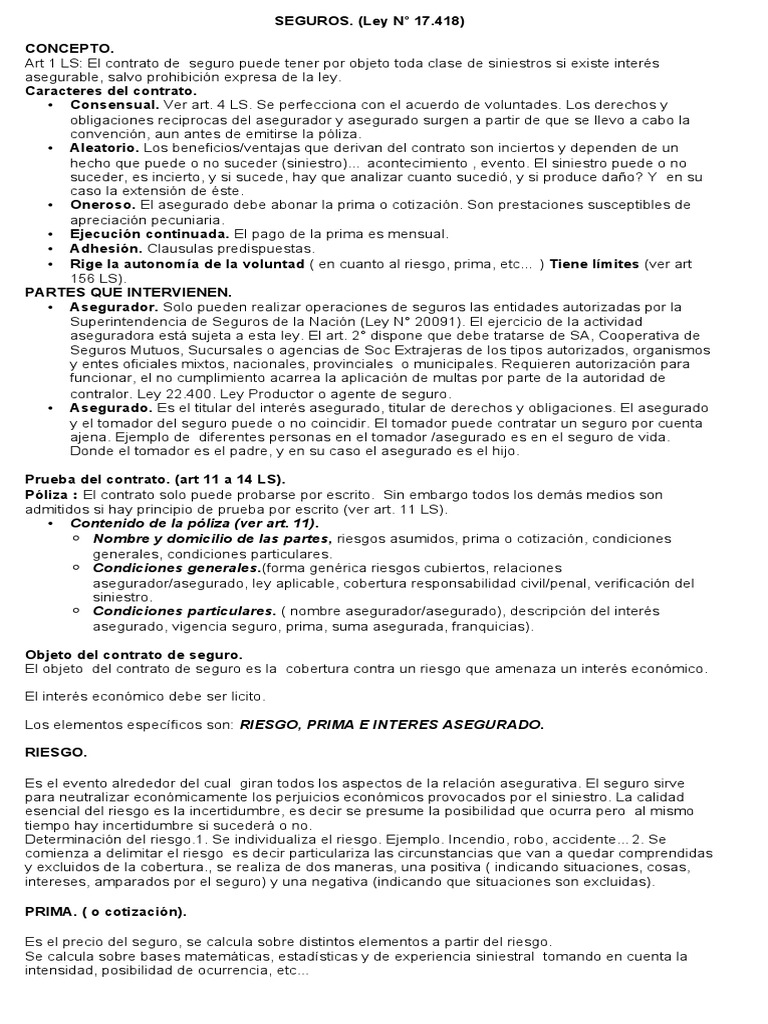 RESUMEN LEY DE SEGUROS. (Ley #17.418) | PDF | Seguro