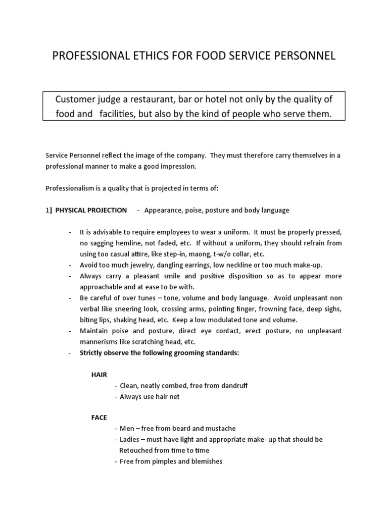 Professional Ethics For Food Service Personnel | PDF | Body Language ...