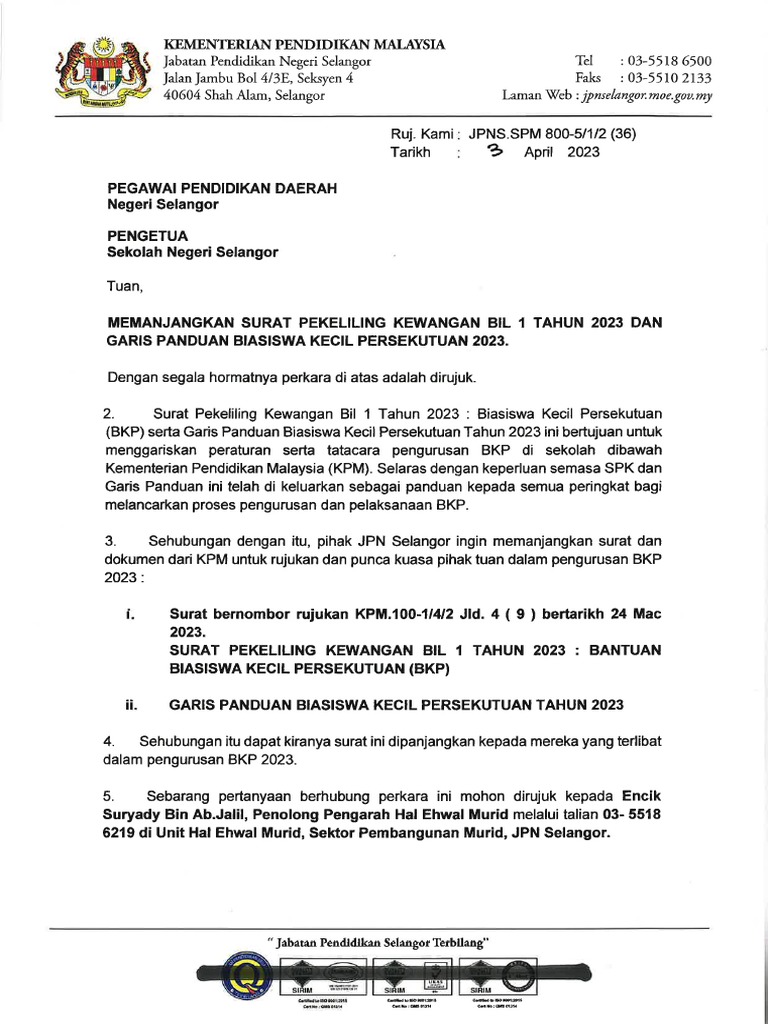 Surat JPN Kesekolah Dan PPD BKP 2023 | PDF