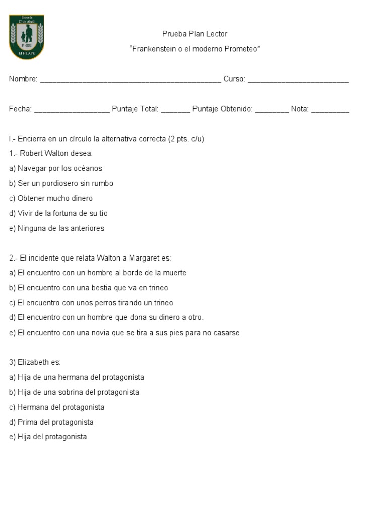 Prueba de Frankenstein para Primero Medio | PDF