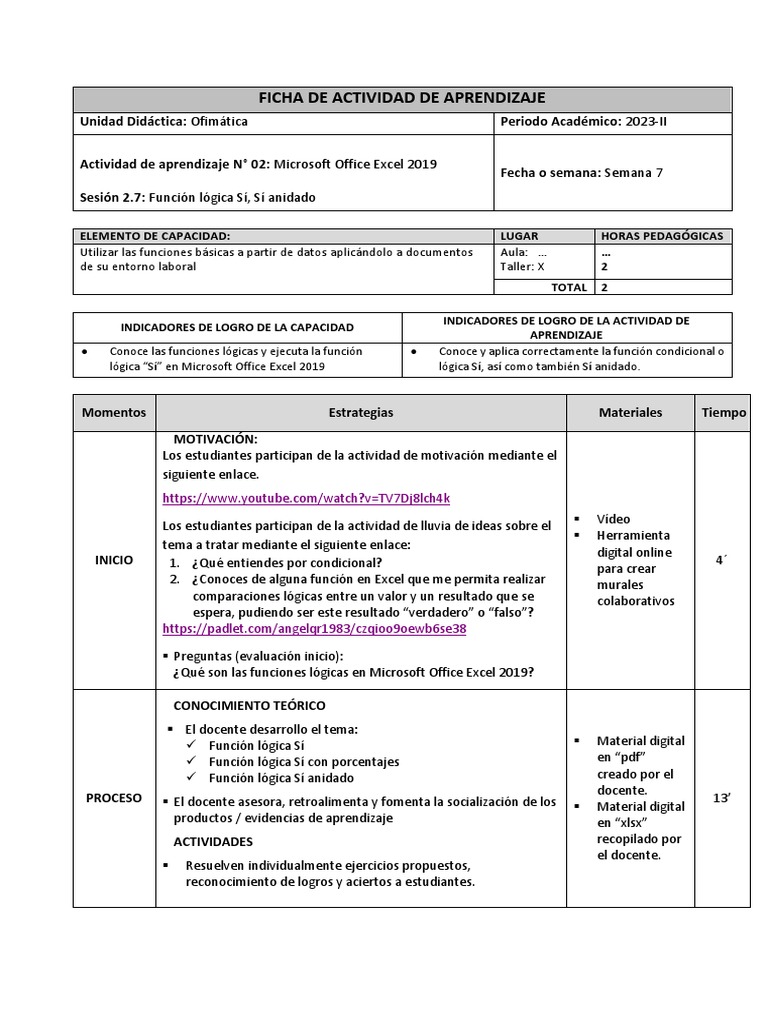 Ficha de Actividad de Aprendizaje S2.7 | PDF | Microsoft Office | Evaluación