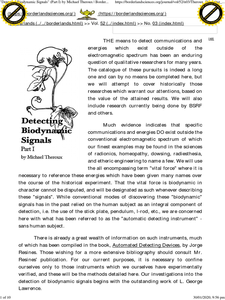 Detecting Biodynamic Signals - (Part I) by Michael Theroux - Borderlands (Vol. 52) | PDF ...