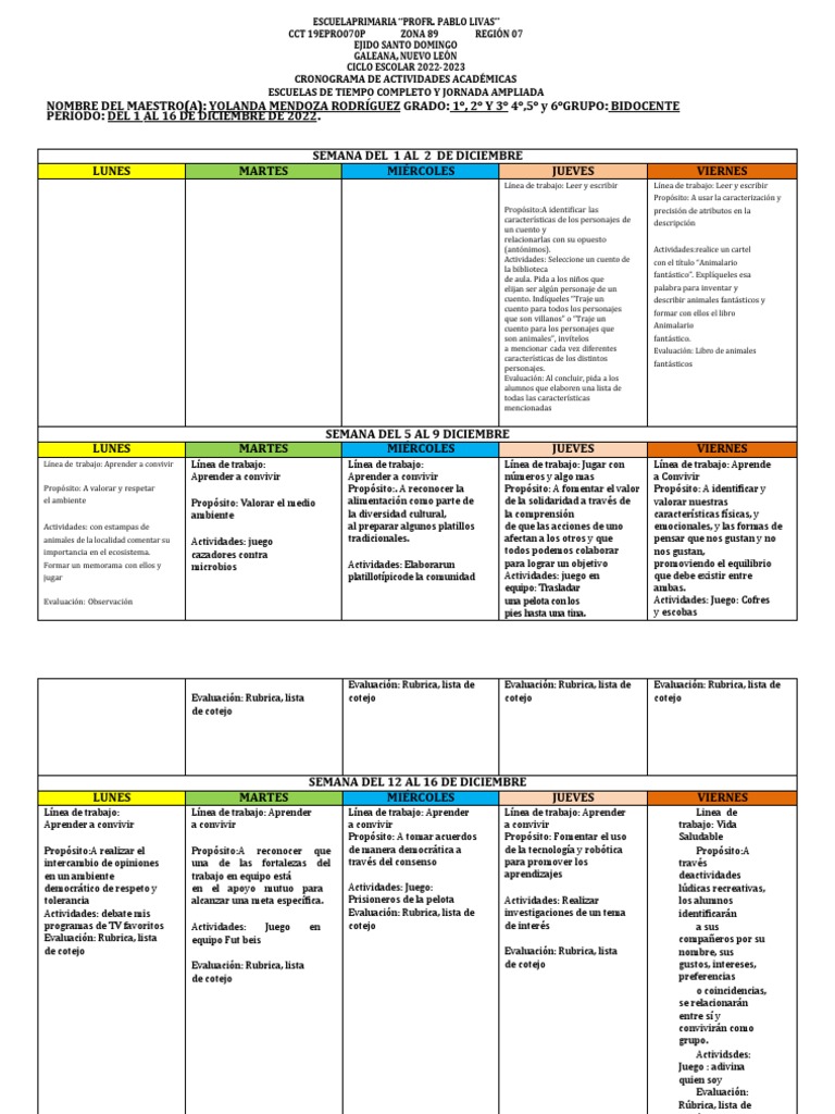 Cronograma TC 1°,2° y 3° Diciembre | PDF