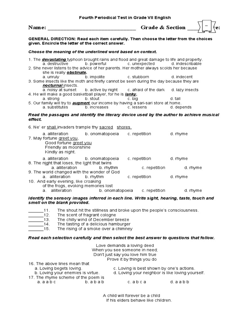 4TH pERIODICAL tEST IN GRADE VII ENGLISH | PDF