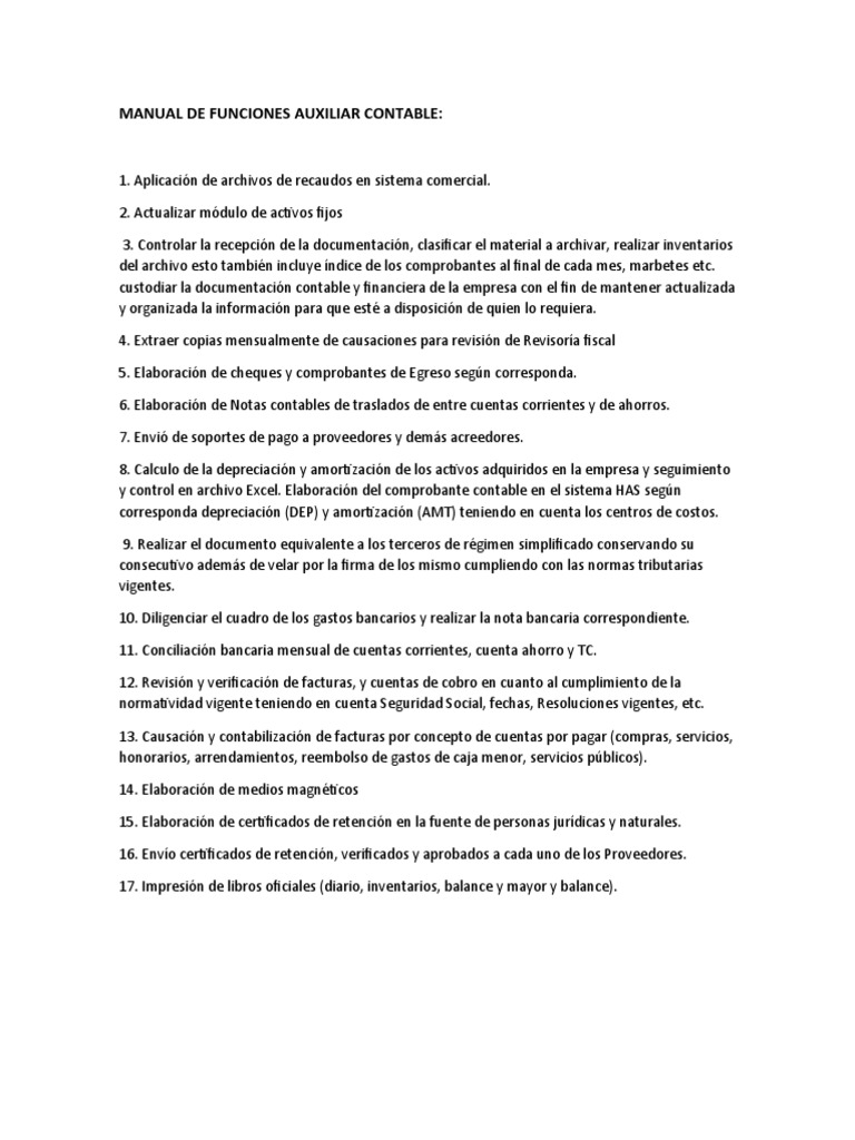 Manual de Funciones Auxiliar Contable | PDF | Contabilidad | Industrias de servicio