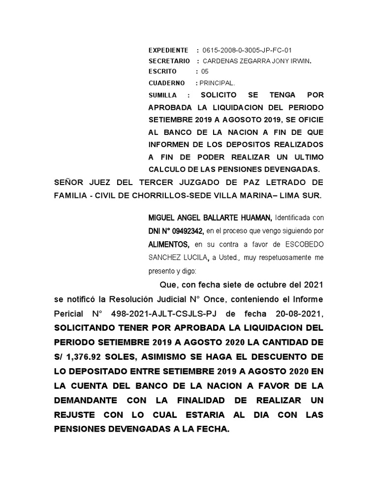 Escrito-Miguel Angel Ballarte Huaman-Solicito Se Tenga Por Aprobada La Liquidacion Del Periodo ...