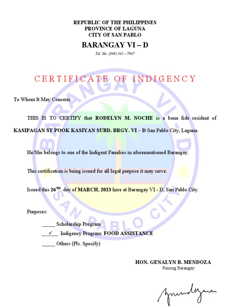 Certificate of Indigency: Barangay Vi - D | PDF