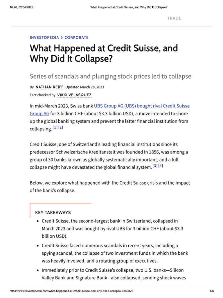 What Happened at Credit Suisse, And Why Did It Collapse | PDF