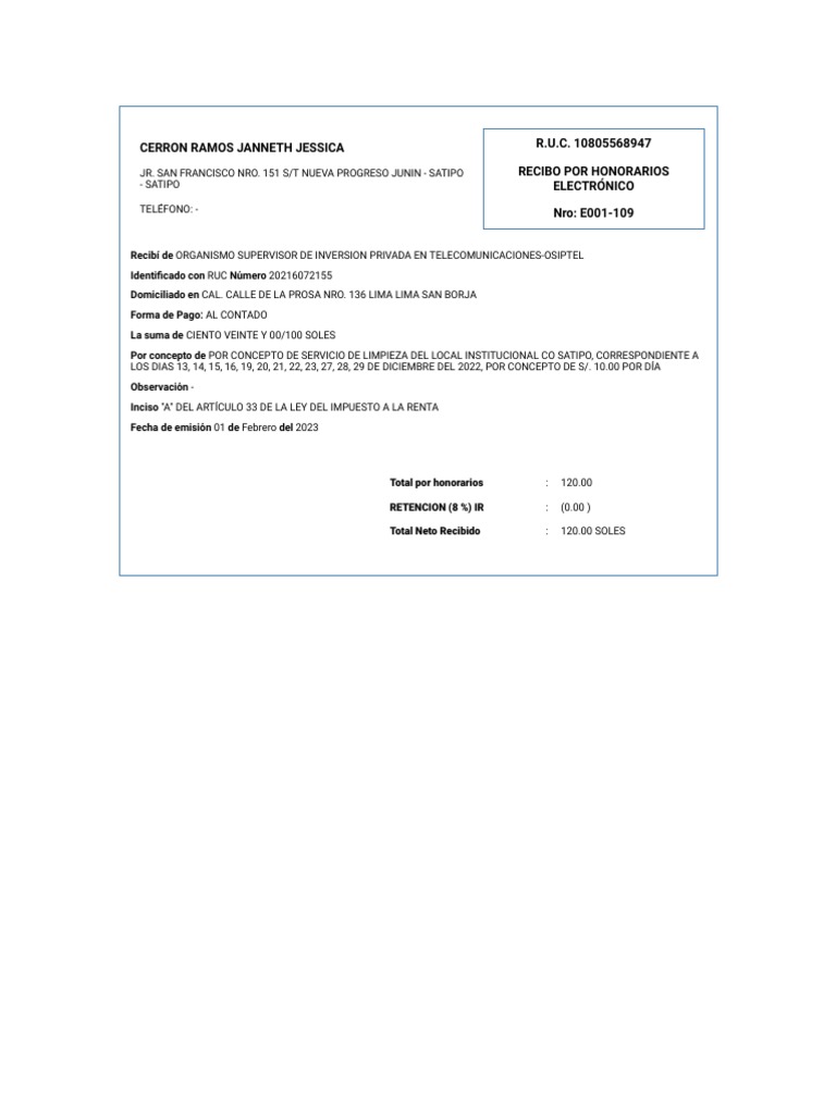 Cerron Ramos Janneth Jessica R.U.C. 10805568947 Recibo Por Honorarios Electrónico Nro: E001-109 ...
