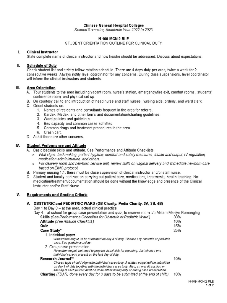 Cinical Duty Student Orientation Outline (N-109 MCN 2 RLE) | PDF ...
