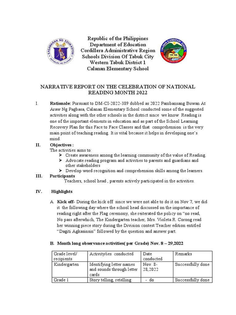 Cal-Es Narrative Report On National Reading Month | PDF | Learning ...