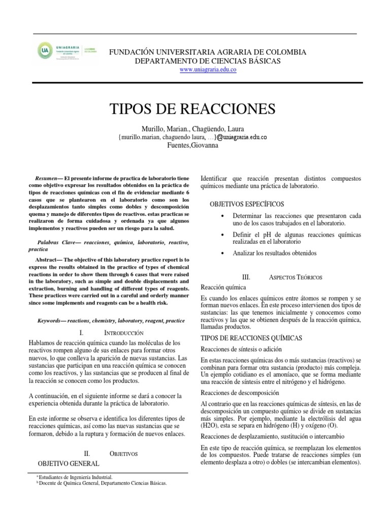 Informe Tipo de Reacciones Quimicas | PDF | Redox | Química