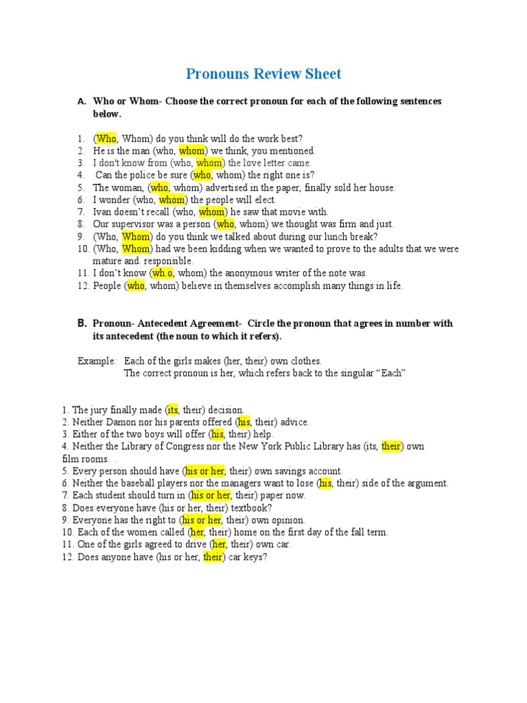 Pronouns Review Sheet | PDF | Pronoun | Syntactic Relationships
