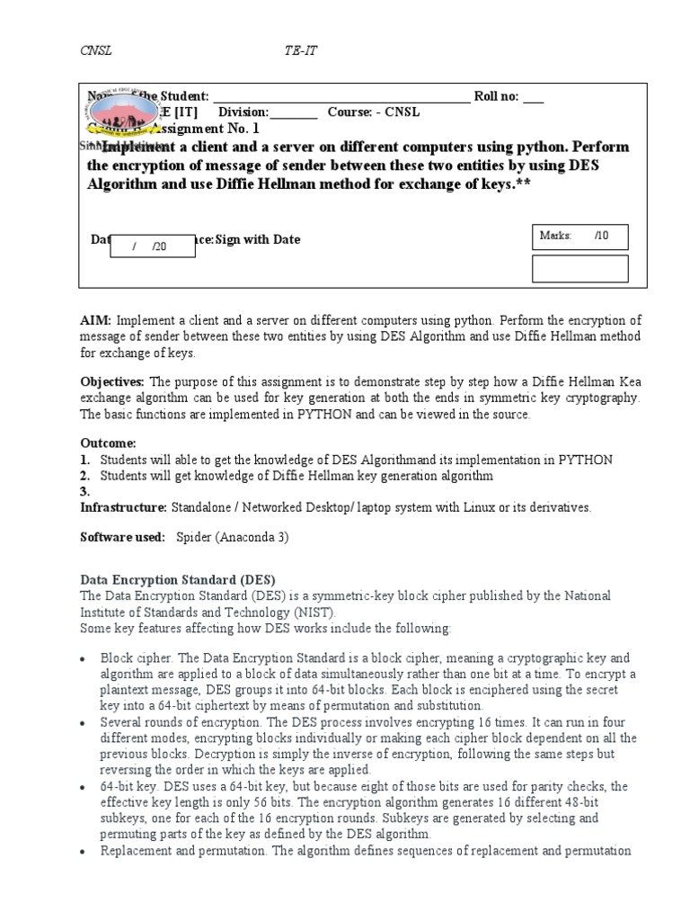 Group B-Assignment No. 1 : CNSL Te-It | PDF | Key (Cryptography) | Public Key Cryptography