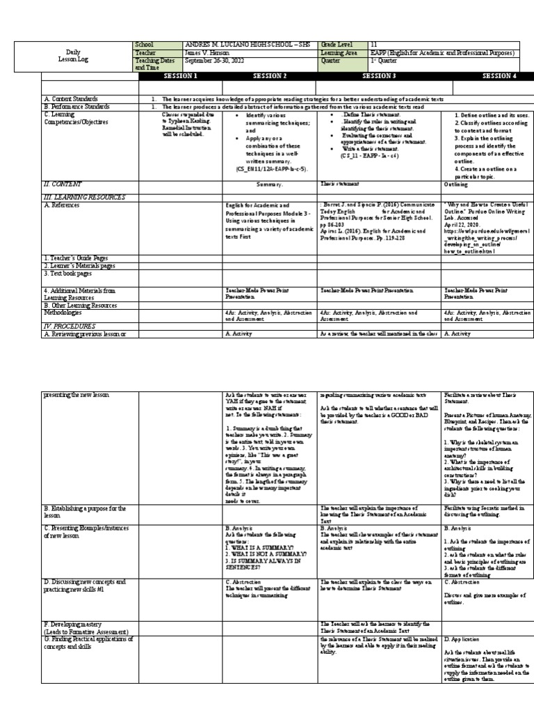 Grade 11 EAPP Lesson Plan | PDF | Cognition | Learning