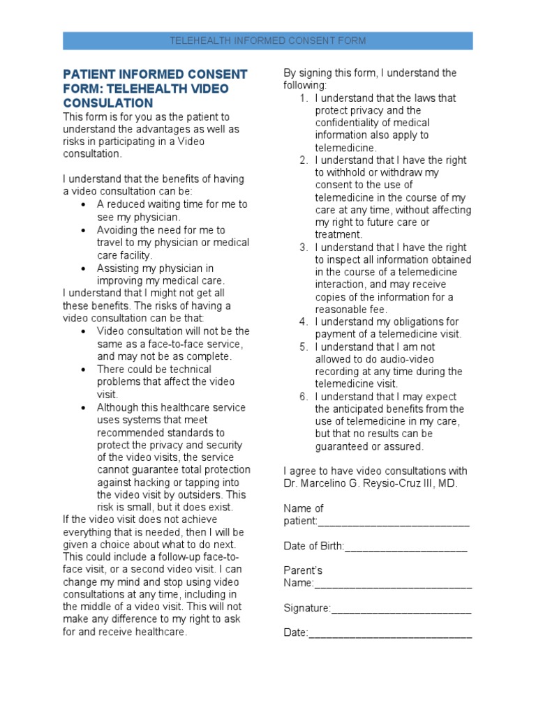 Telehealth Informed Consent Form | PDF | Informed Consent | Service ...