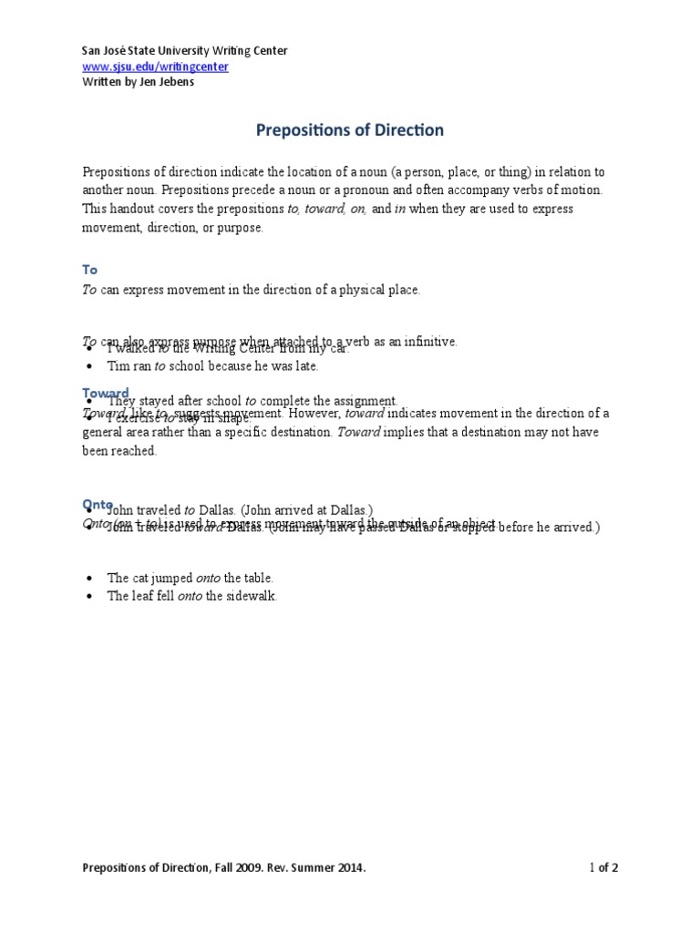 Prepositions of Direction | PDF | Verb | Preposition And Postposition