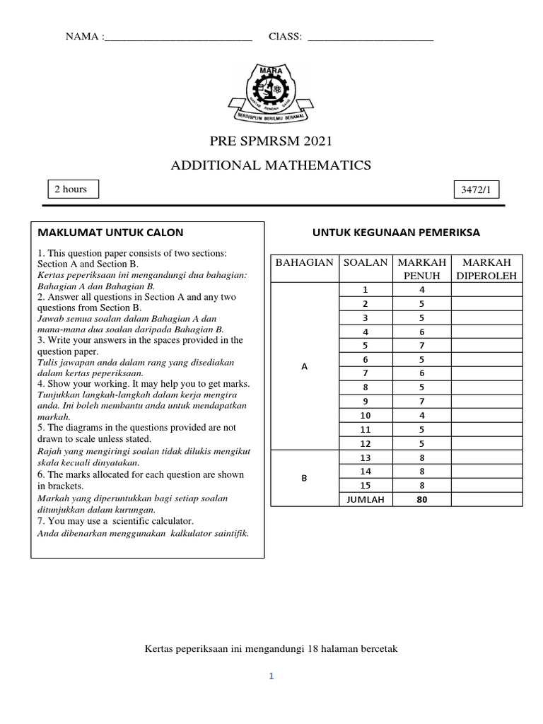 Add Maths Paper 1 31.10.2021 | PDF
