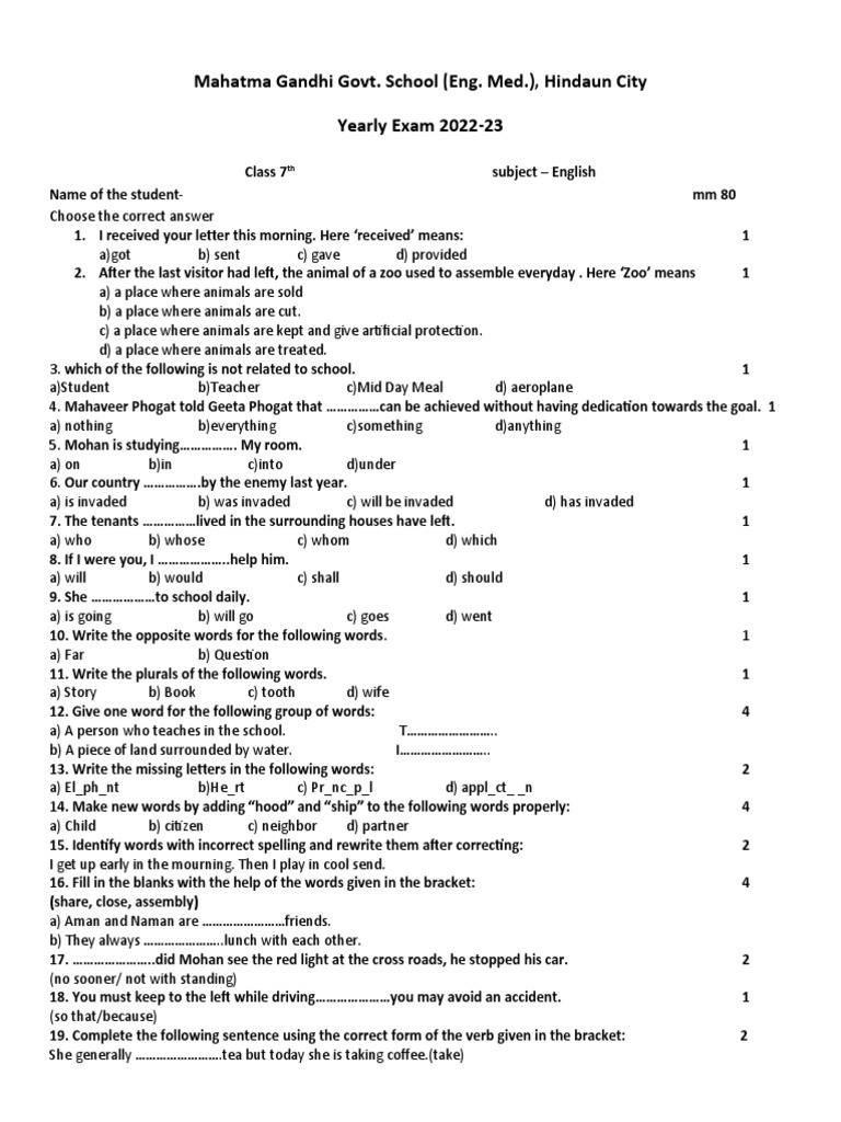 Yearly Paper Class VII English | PDF | Ellipsis | Grammar