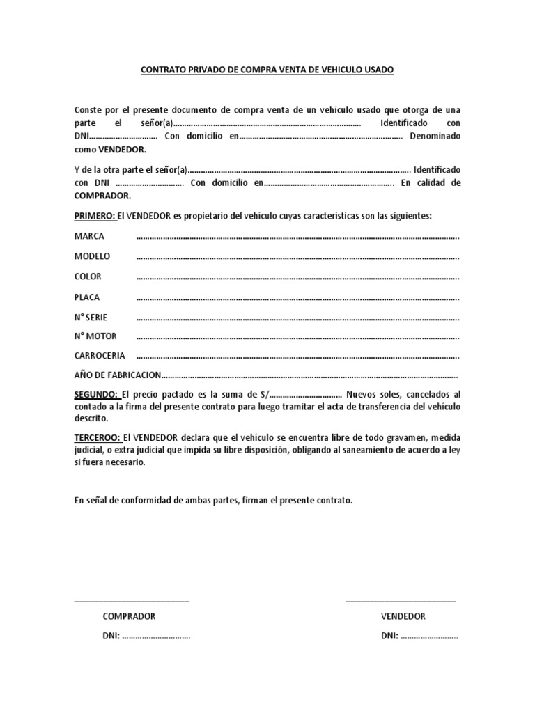 CONTRATO PRIVADO DE COMPRA VENTA DE VEHICULO USADO PAUL | PDF
