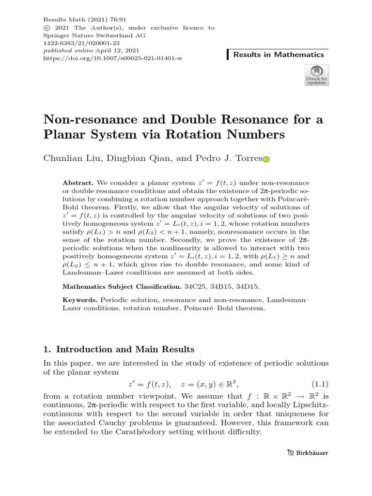 Non-Resonance and Double Resonance For A Planar System Via Rotation Numbers | Download Free PDF ...