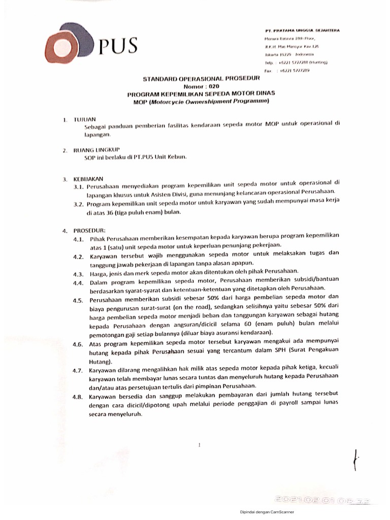 SOP 020 Motor Dinas MOP | PDF