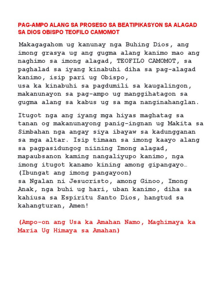 Pag-Ampo Alang Sa Proseso Sa Beatipikasyon Sa Alagad Sa Dios Obispo ...