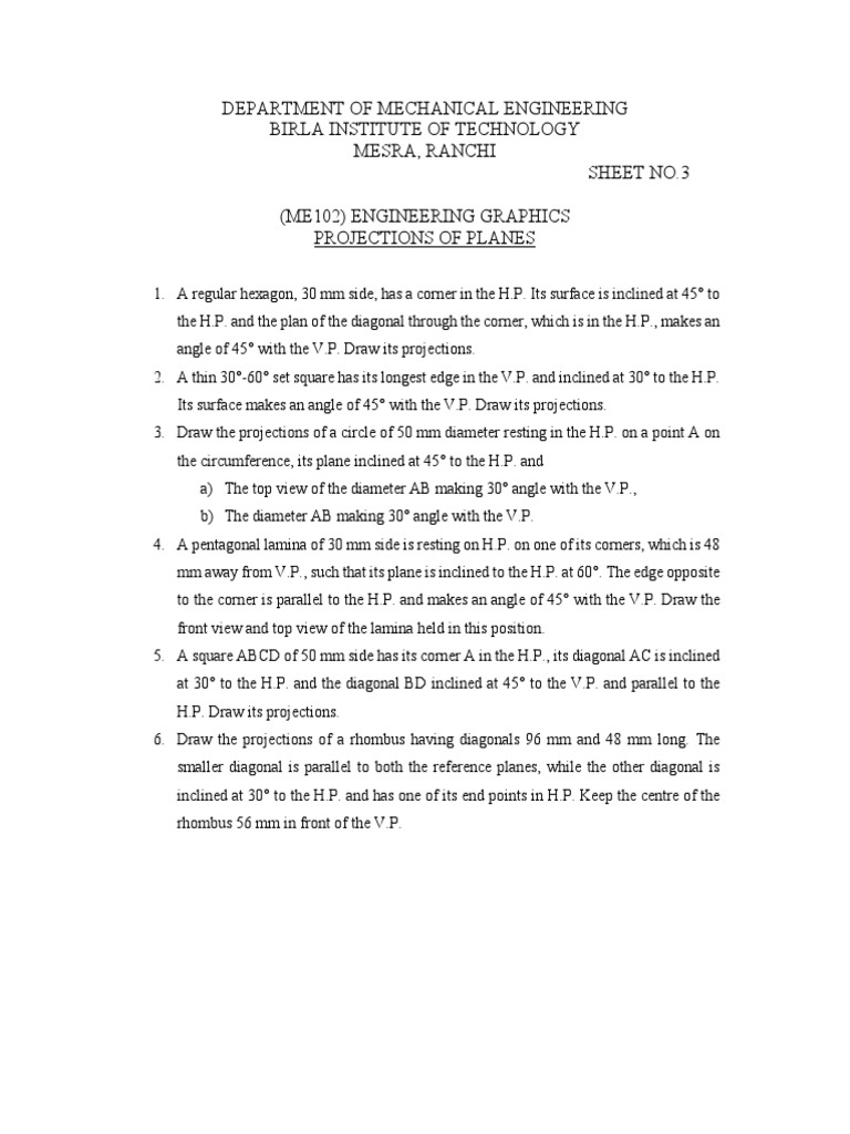 Engineering Graphics Tutorial Sheet 3 | PDF