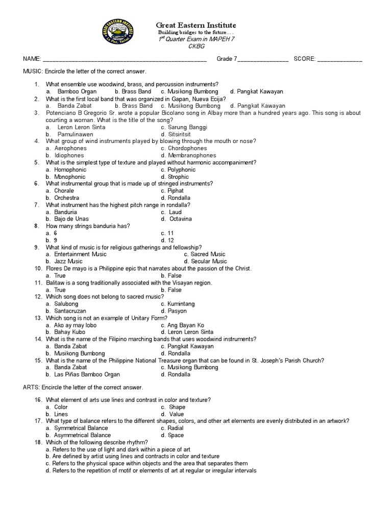 Grade 7 MAPEH 1st Quarter Exam Oct. | PDF | Mental Health