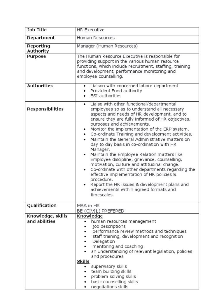 HR Executive Job Description and Duties | PDF