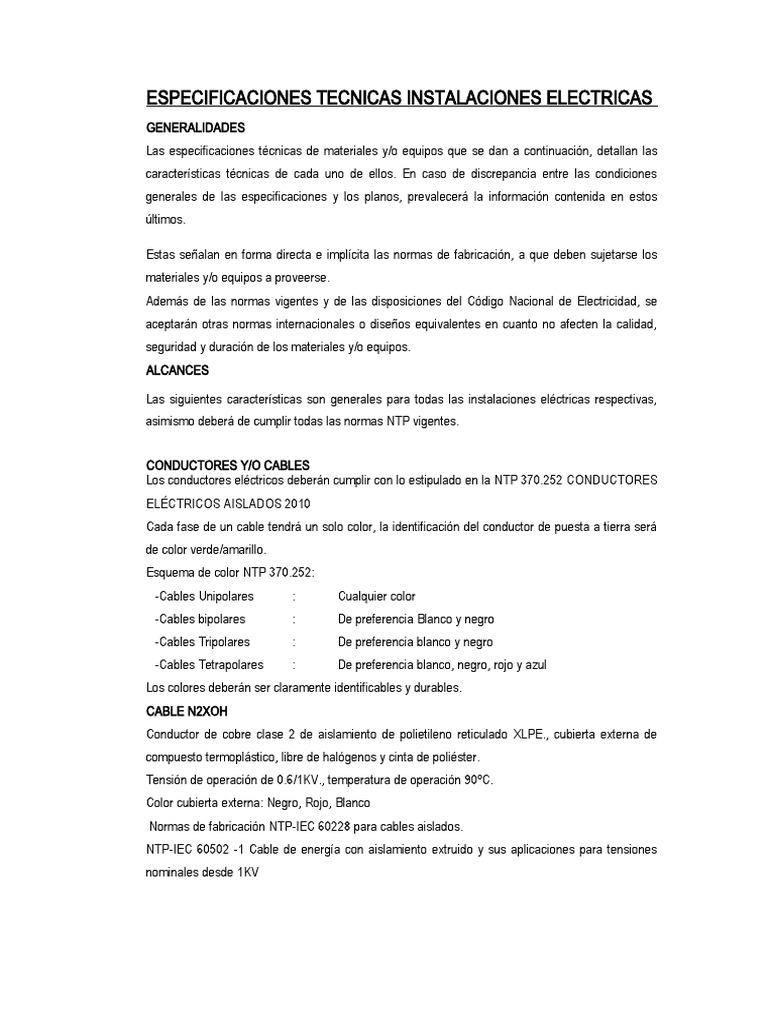 Especificaciones Tecnicas Instalaciones Electricas | PDF | Cobre | Aislador (Electricidad)