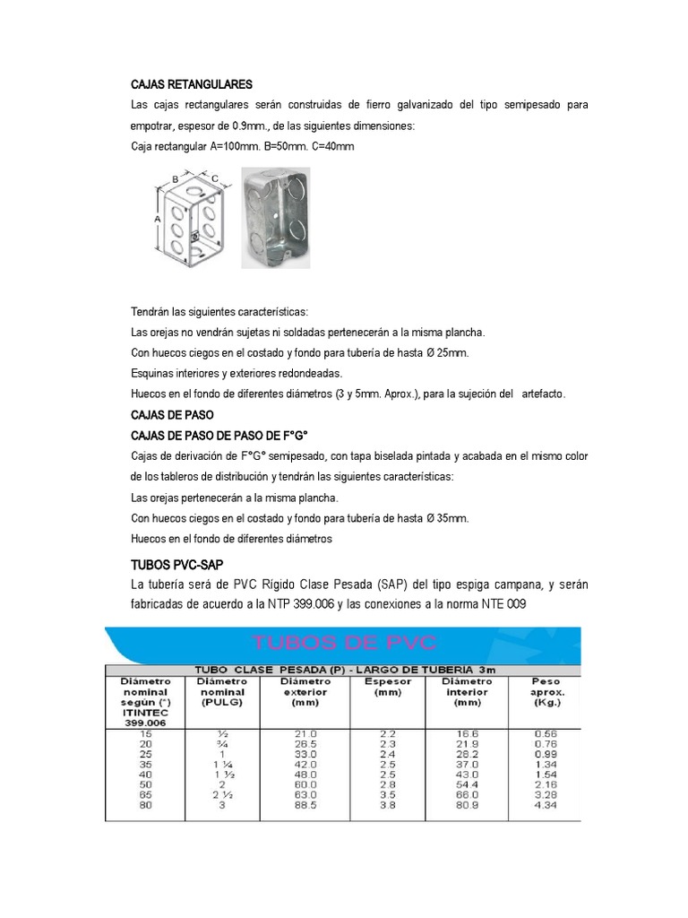 Características técnicas y especificaciones de cajas, tuberías y salidas eléctricas para ...