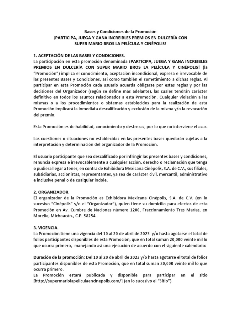 Bases y Condiciones Promocion Super Mario Bros MX | PDF