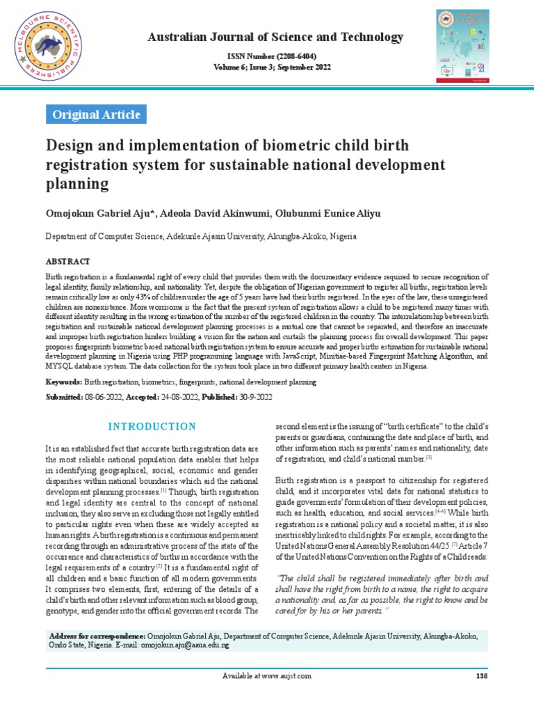 Design and Implementation of Biometric Child Birth Registration System ...