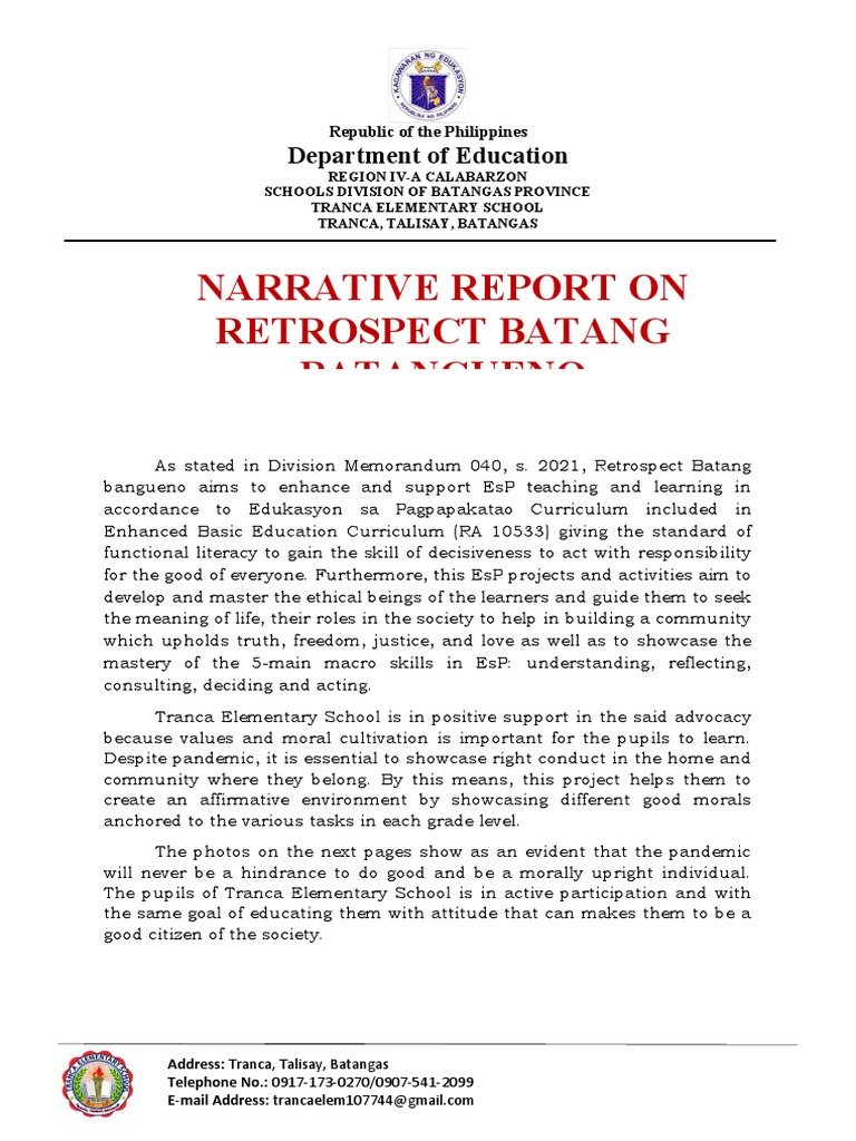 Narrative Report on Retrospect Batangbangueno: Promoting Moral Values ...