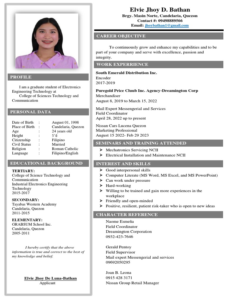Elvie Jhoy D Bathan CV | PDF | Communication | Computing