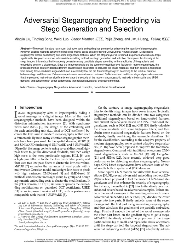 Adversarial Steganography Embedding Via Stego Generation and Selection | PDF | Applied Mathematics