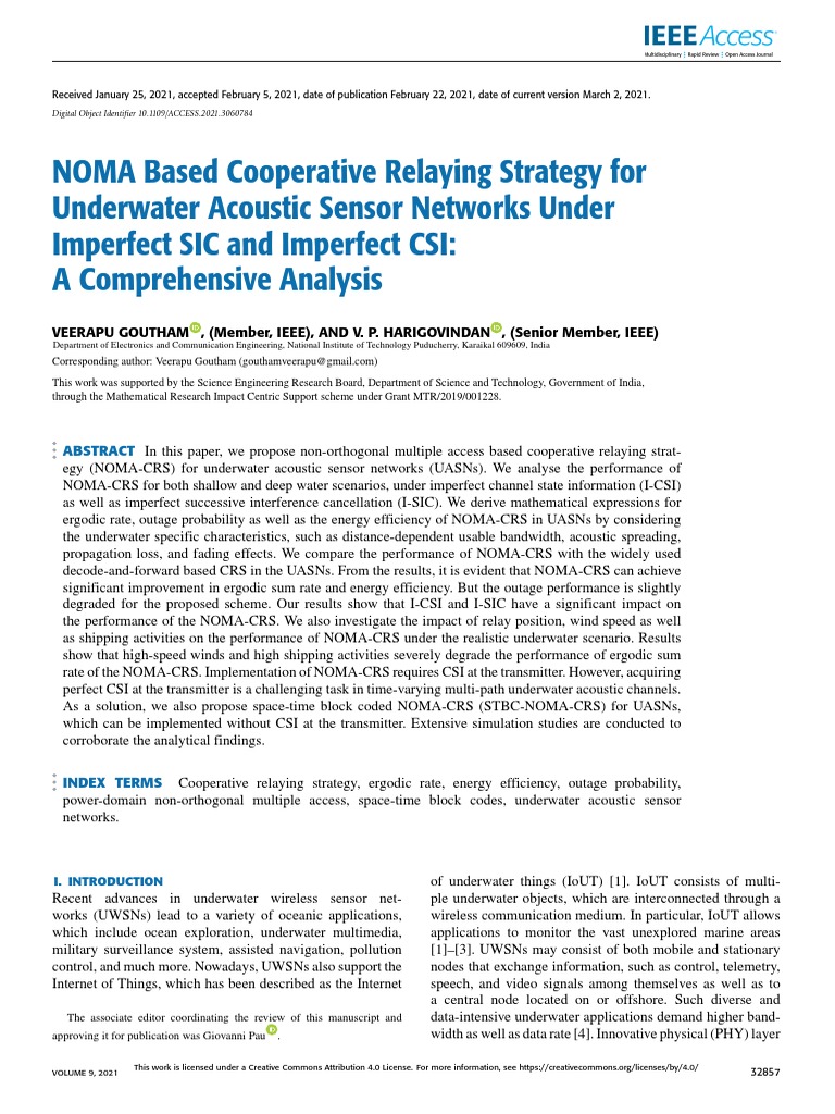 NOMA Based Cooperative Relaying Strategy For Underwater Acoustic Sensor Networks Under Imperfect ...