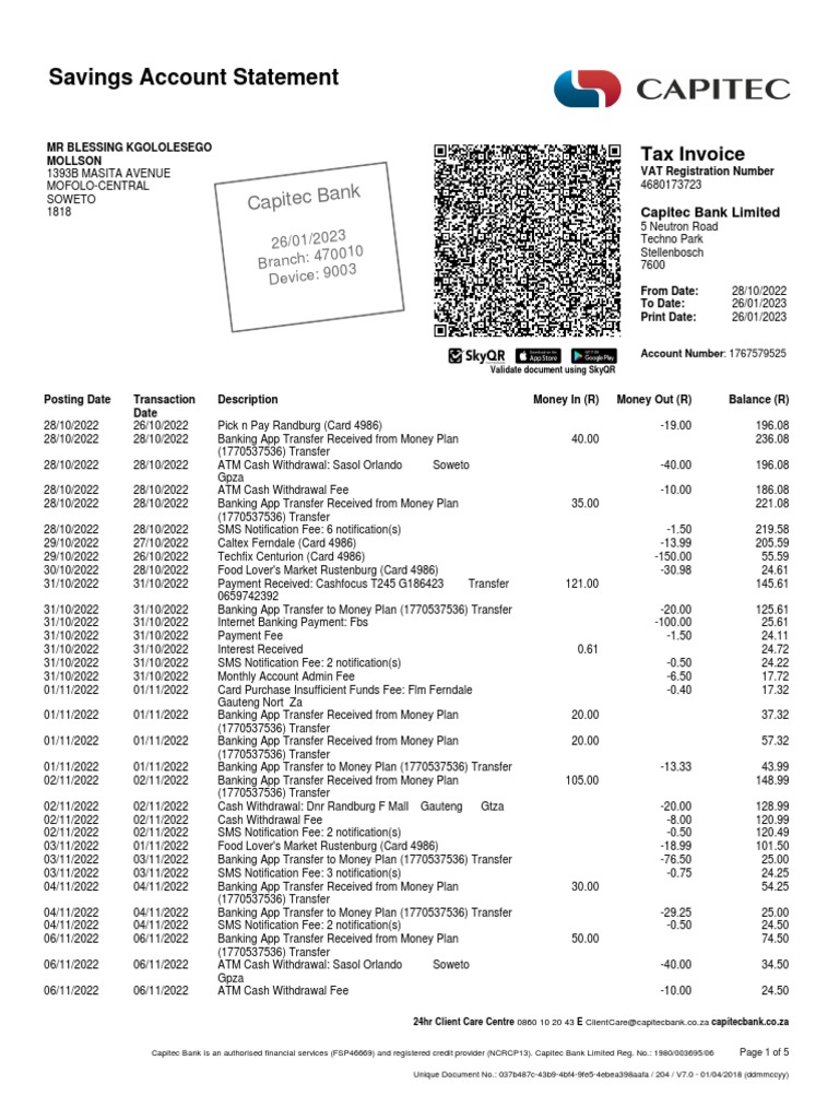 Savings Account Statement: Capitec B Ank | PDF | Credit Card | Automated Teller Machine