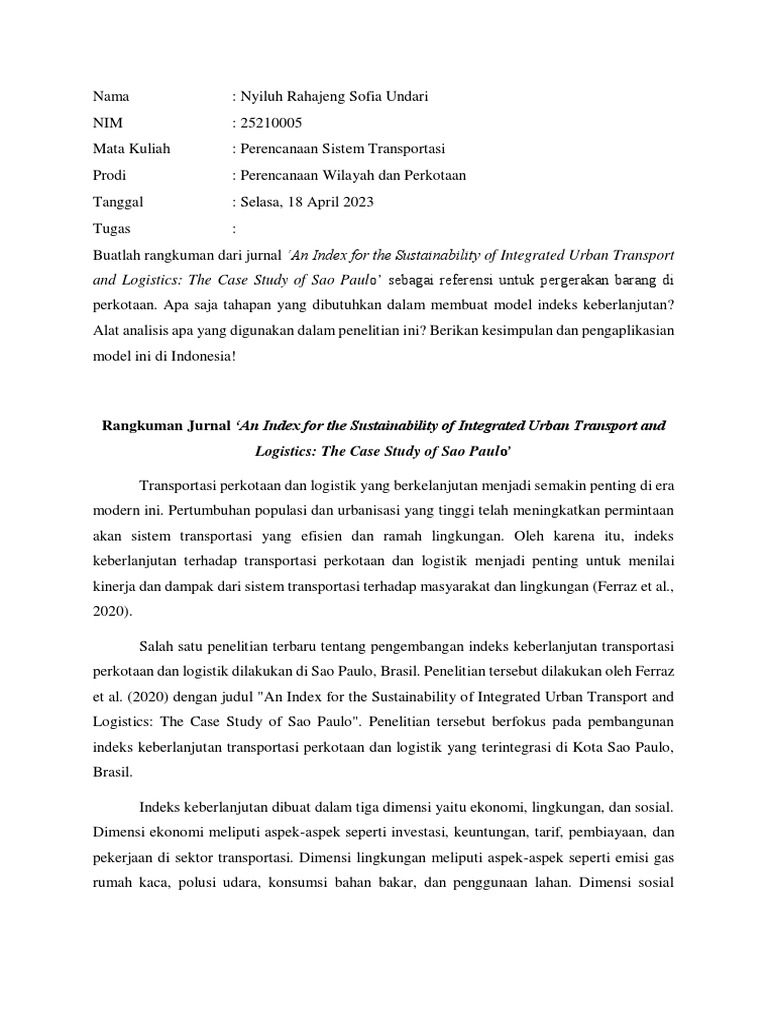 Rangkuman Jurnal An Index For The Sustainability of Integreted Urban Transport and Logistics ...