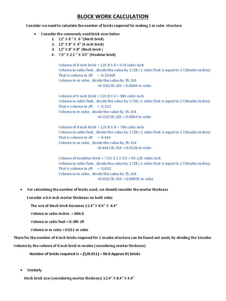 Block Work Calculation | PDF | Volume | Brick