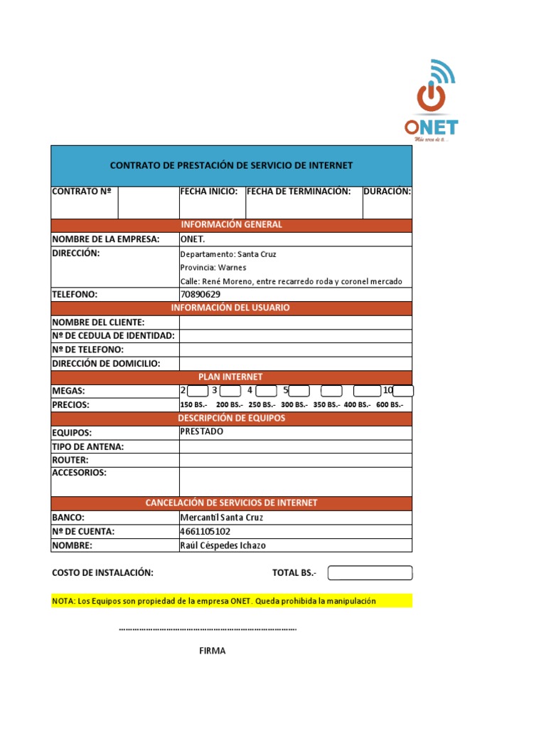 Contrato de Prestación de Servicio de Internet: Onet | PDF
