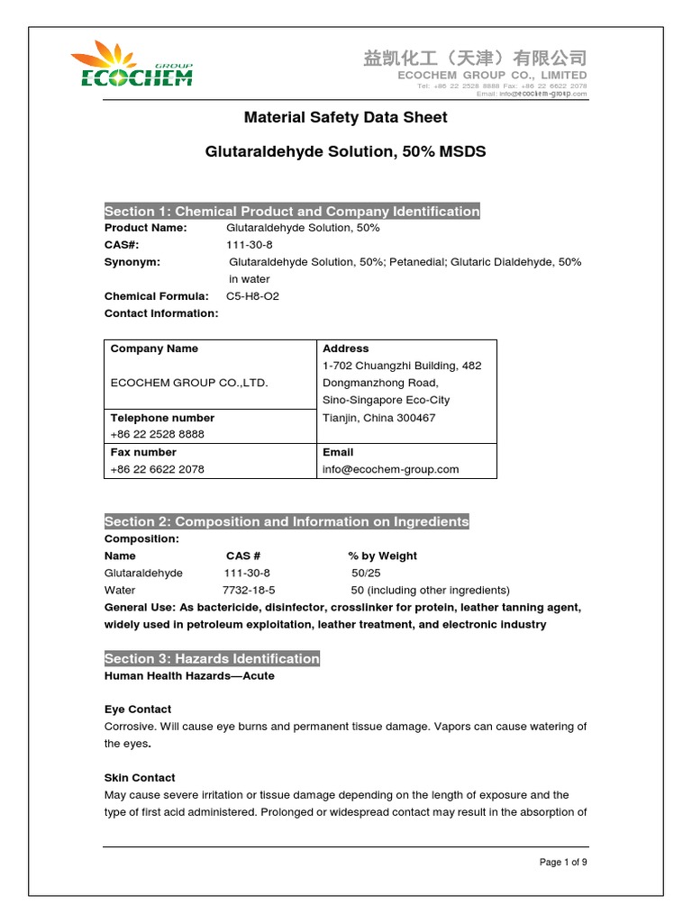 MSDS - Glutaraldehido 50% - Ecochem - 2020 | PDF | Toxicity | Dangerous ...