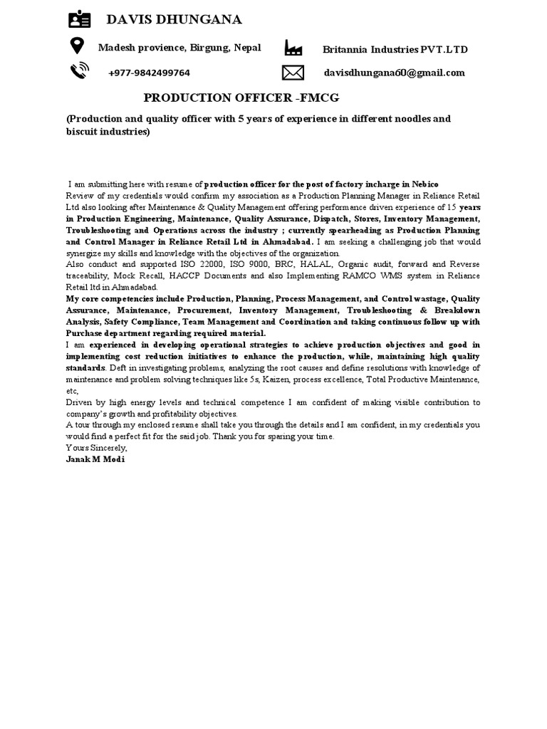 Production Officer Resume FMCG Experience | PDF