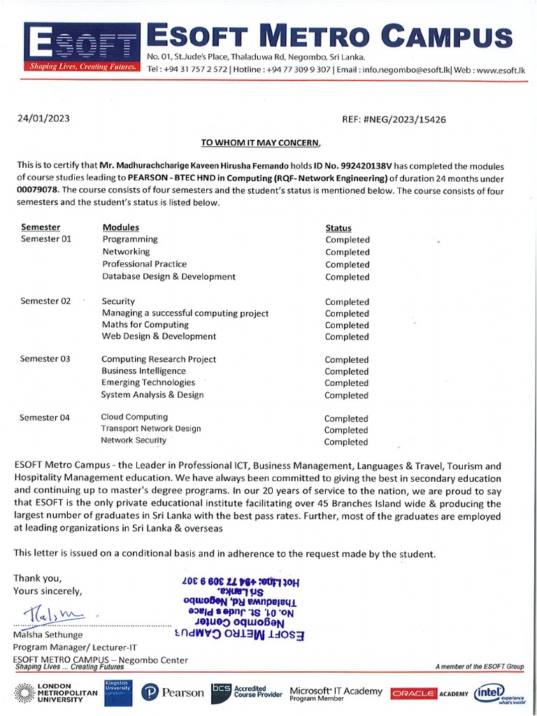 HND Completion Letter-ESOFT | PDF