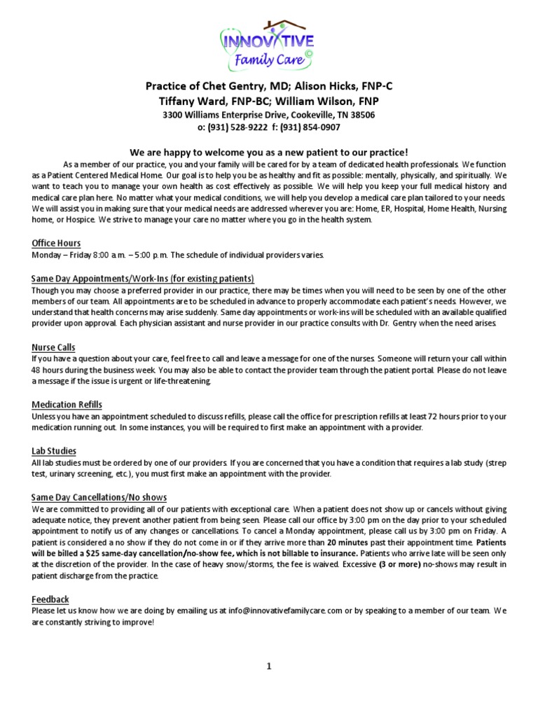 Practice of Chet Gentry, MD Alison Hicks, FNP-C Tiffany Ward, FNP-BC ...