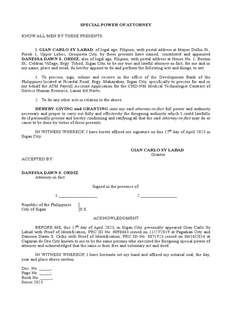 SPA Sample | PDF | Power Of Attorney | Civil Law (Legal System)