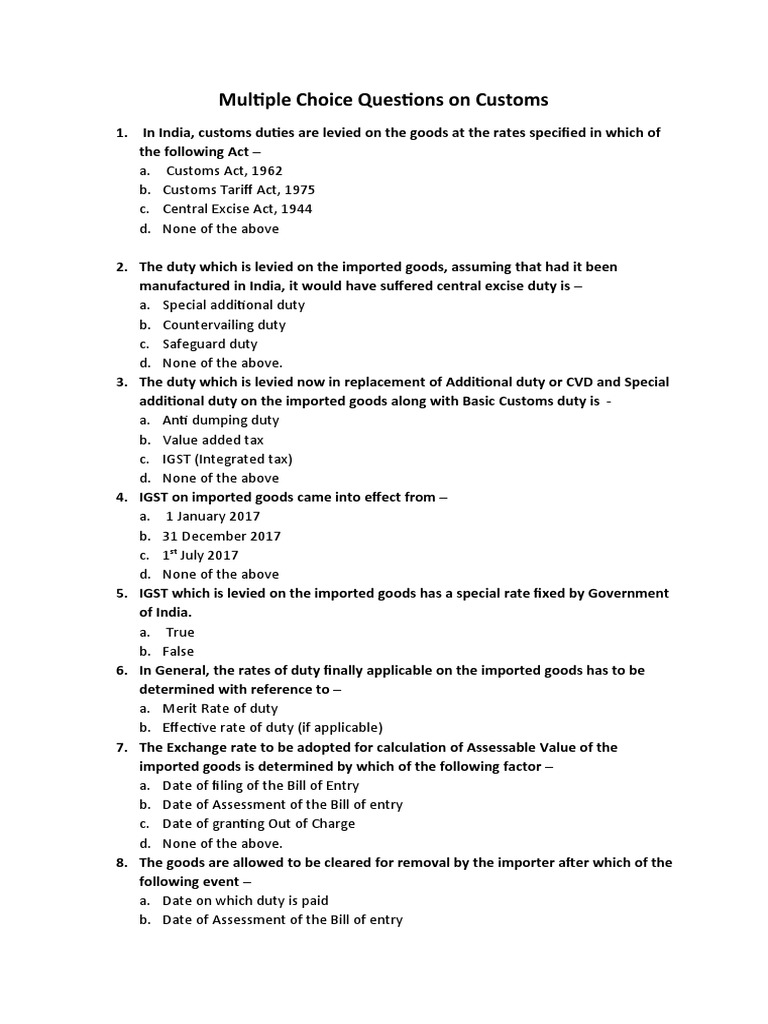 Customs MCQ | PDF | Customs | Dumping (Pricing Policy)
