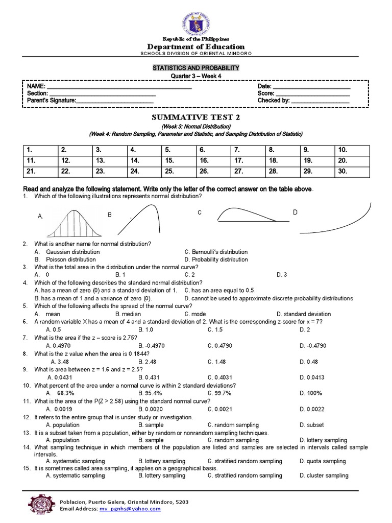 STAT Summative Test - Q3 (Week 3-4) | PDF | Normal Distribution ...